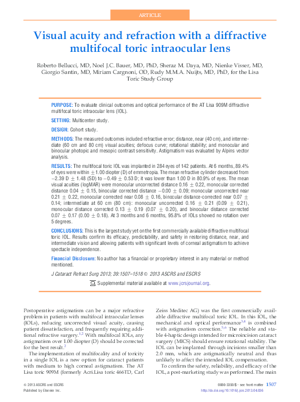(PDF) Visual acuity and refraction with a diffractive multifocal toric ...