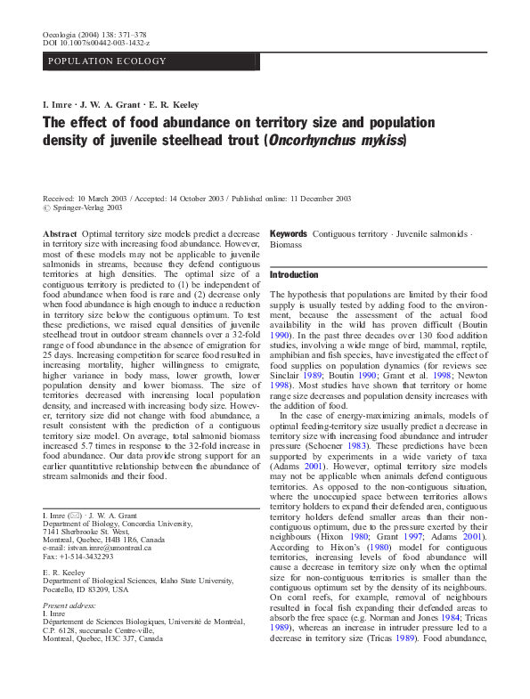 (PDF) The effect of food abundance on territory size and population ...