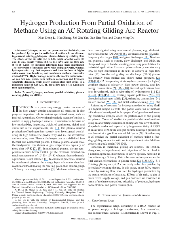 (PDF) Hydrogen Production From Partial Oxidation of Methane Using an AC Rotating Gliding Arc Reactor