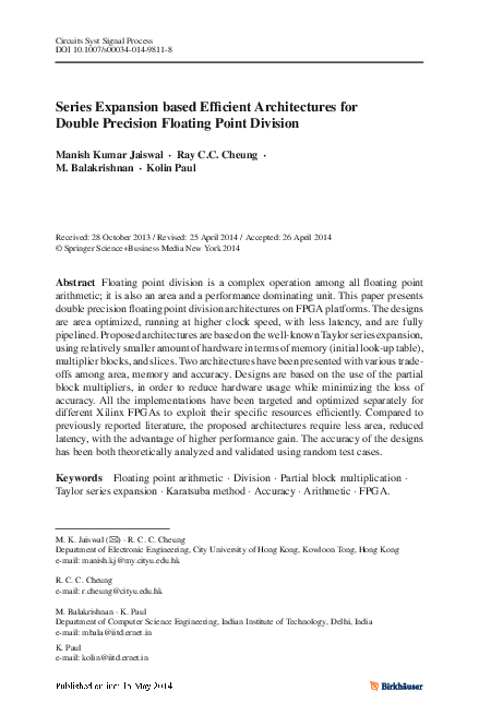 Pdf Area Efficient Architecture For Dual Mode Double Precision Floating Point Division 