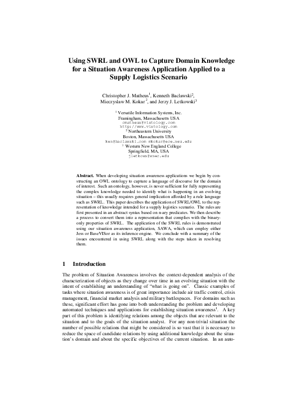 (PDF) Using SWRL and OWL to Capture Domain Knowledge for a Situation Awareness Application ...