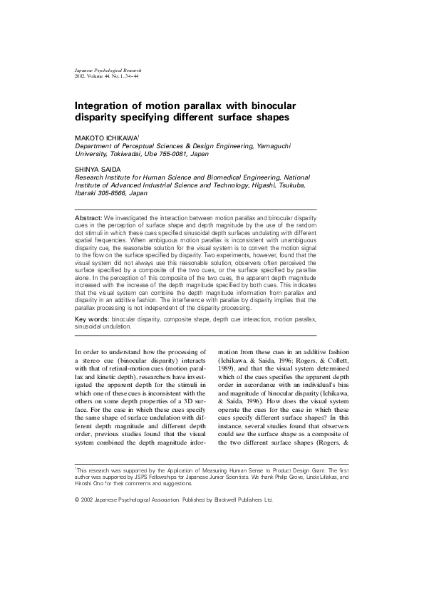 Pdf Integration Of Motion Parallax With Binocular Disparity Specifying Different Surface Shapes