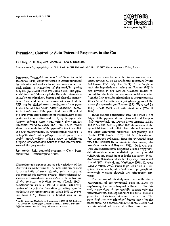 (PDF) Pyramidal control of skin potential responses in the cat