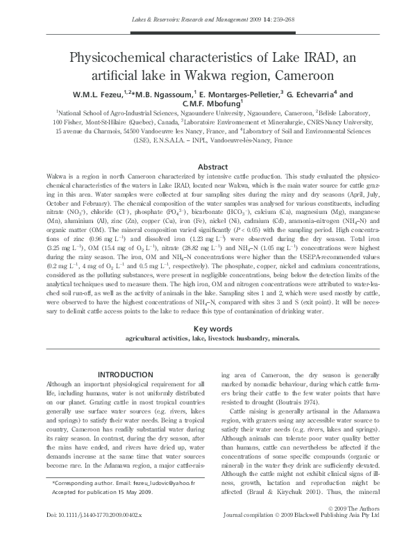 (PDF) Physicochemical characteristics of Lake IRAD, an artificial lake ...