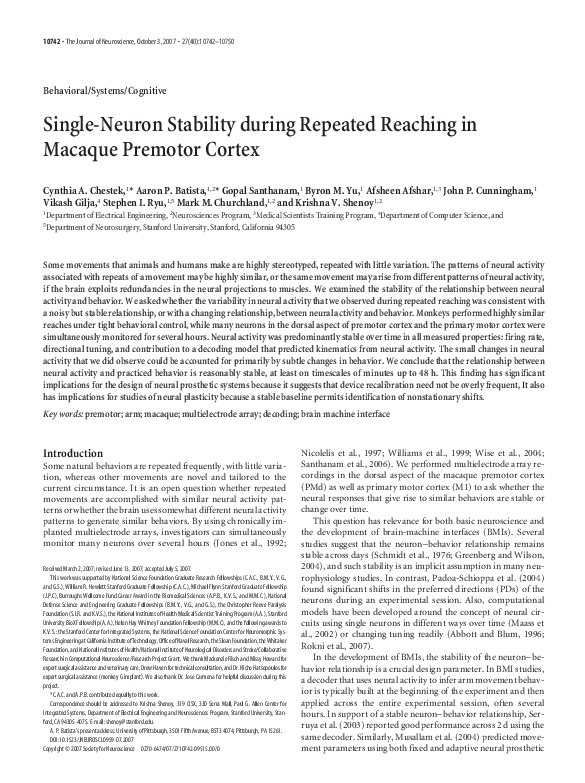 (PDF) Single-Neuron Stability during Repeated Reaching in Macaque Premotor Cortex | Cynthia ...