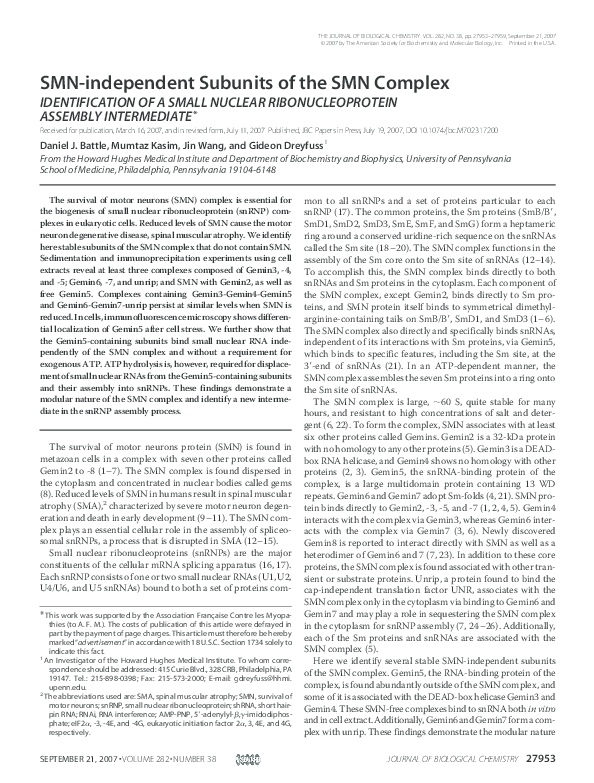 (PDF) SMN-independent Subunits of the SMN Complex: IDENTIFICATION OF A ...