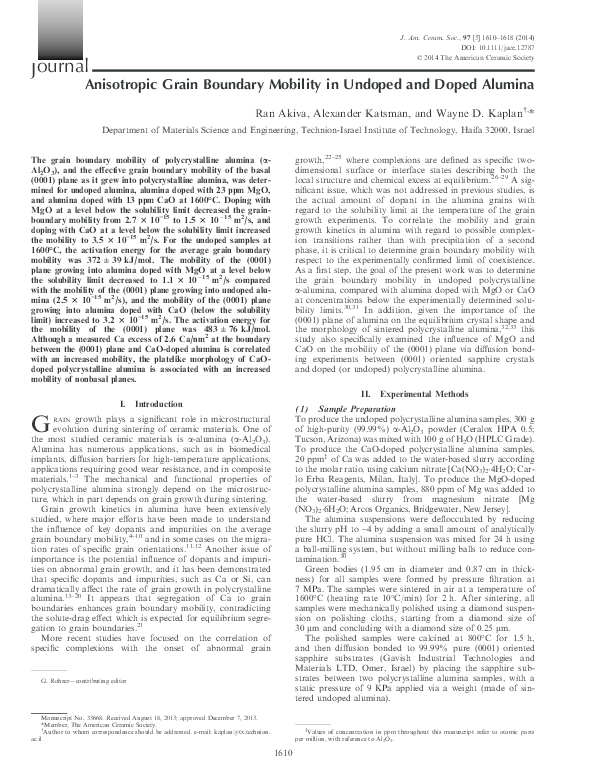 (PDF) Anisotropic Grain Boundary Mobility in Undoped and Doped Alumina