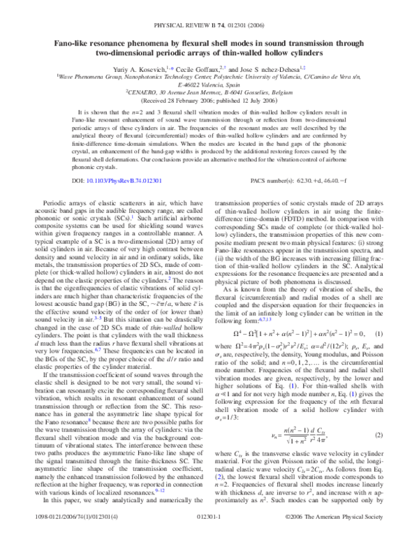 (PDF) Fano-like resonance phenomena by flexural shell modes in sound transmission through two ...