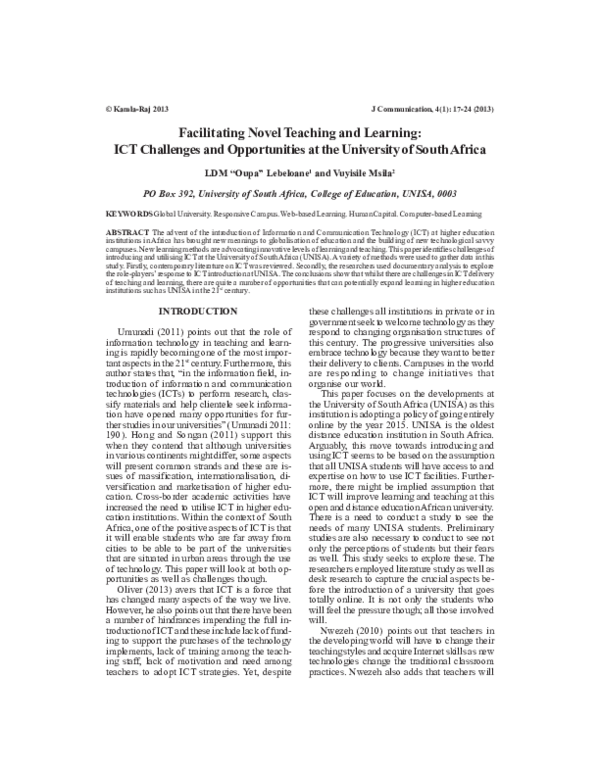 (PDF) Facilitating Novel Teaching and Learning: ICT Challenges and ...