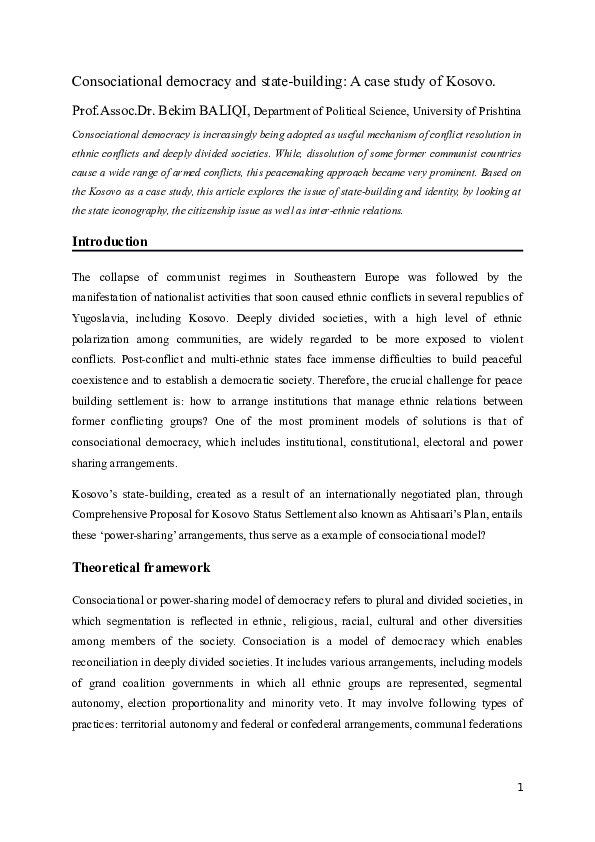 (DOC) Consociational democracy and state-building: A case study of Kosovo