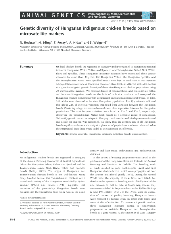 (PDF) Genetic diversity of Hungarian indigenous chicken breeds based on microsatellite markers