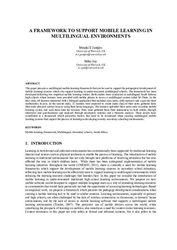 (PDF) A framework to support mobile learning in multilingual environments