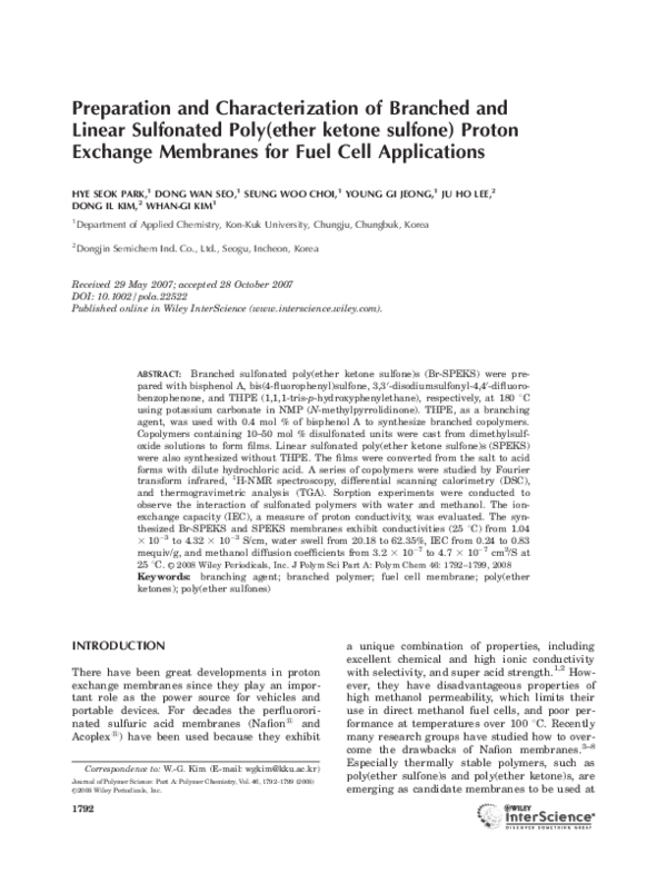 (PDF) New Hydrocarbon Proton Exchange Membranes Based on Sulfonated Styrene-Ethylene/Butylene ...