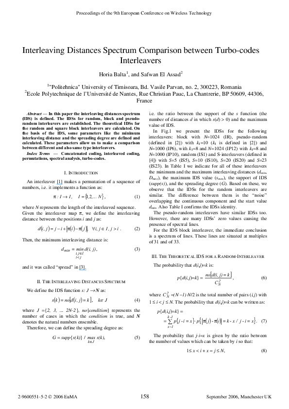 (PDF) Interleaving Distances Spectrum Comparison between Turbo-codes Interleavers