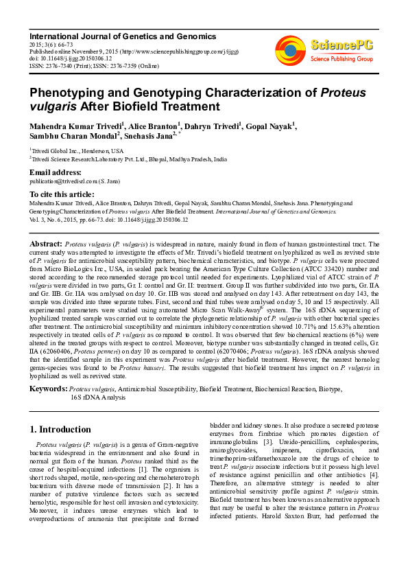 (PDF) Phenotyping and Genotyping Characterization of Proteus vulgaris After Biofield Treatment