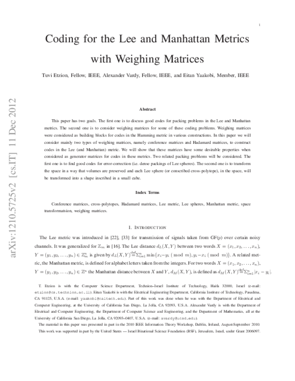 (PDF) Coding for the Lee and Manhattan Metrics With Weighing Matrices