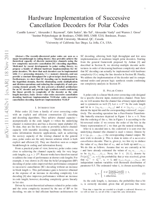 (PDF) Hardware Implementation of Successive Cancellation Decoders for Polar Codes