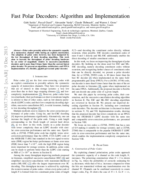 (PDF) Fast Polar Decoders: Algorithm and Implementation