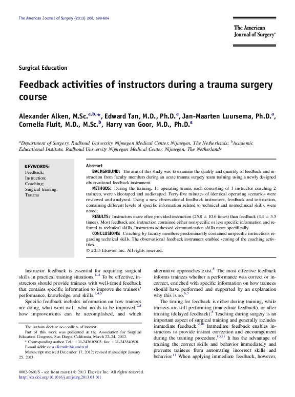 (PDF) Feedback activities of instructors during a trauma surgery course ...