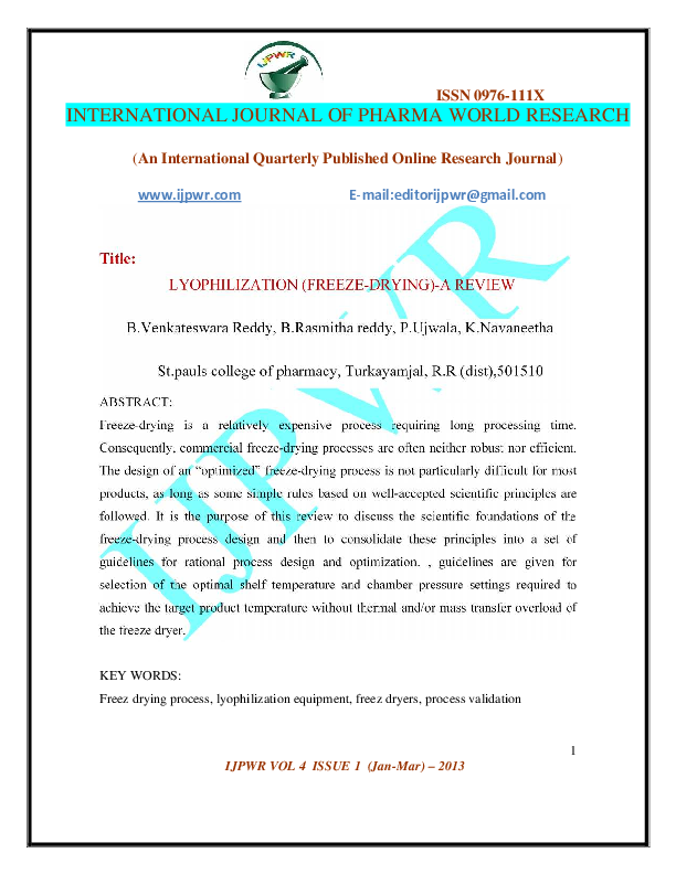 Lyophilization Freeze Drying A Review