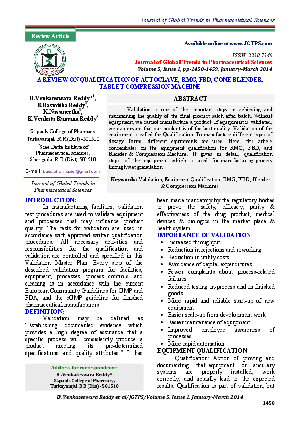 A REVIEW ON QUALIFICATION OF AUTOCLAVE, RMG, FBD, CONE BLENDER, TABLET ...