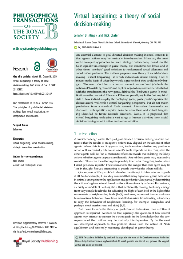 (PDF) Virtual bargaining: a theory of social decision-making | Nick Chater - Academia.edu