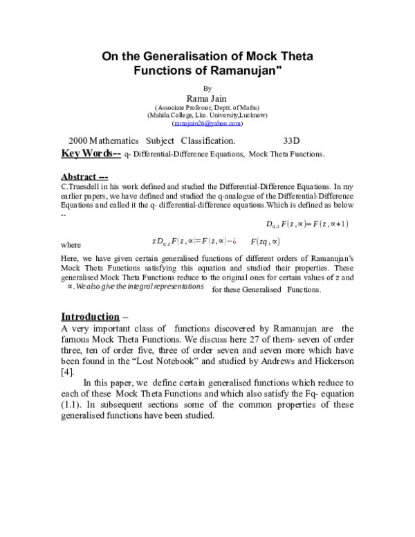 (DOC) on the generalisation of mok theta functions of ramanujan
