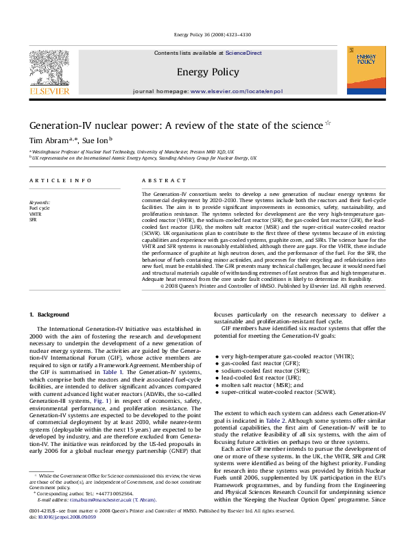 (PDF) Generation-IV nuclear power: A review of the state of the science