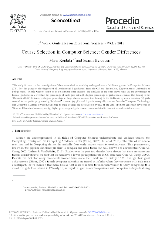 (PDF) Course Selection in Computer Science: Gender Differences