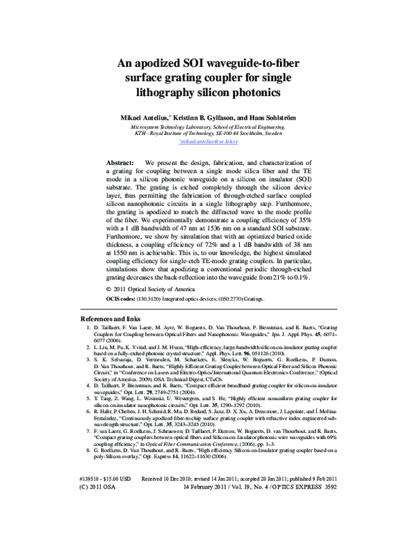 (PDF) An apodized SOI waveguide-to-fiber surface grating coupler for ...
