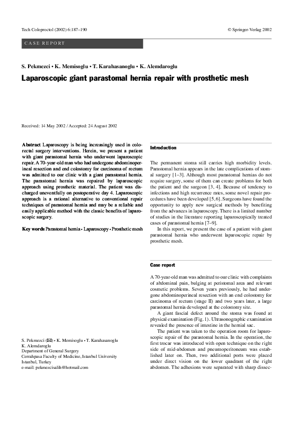 (PDF) Laparoscopic giant parastomal hernia repair with prosthetic mesh