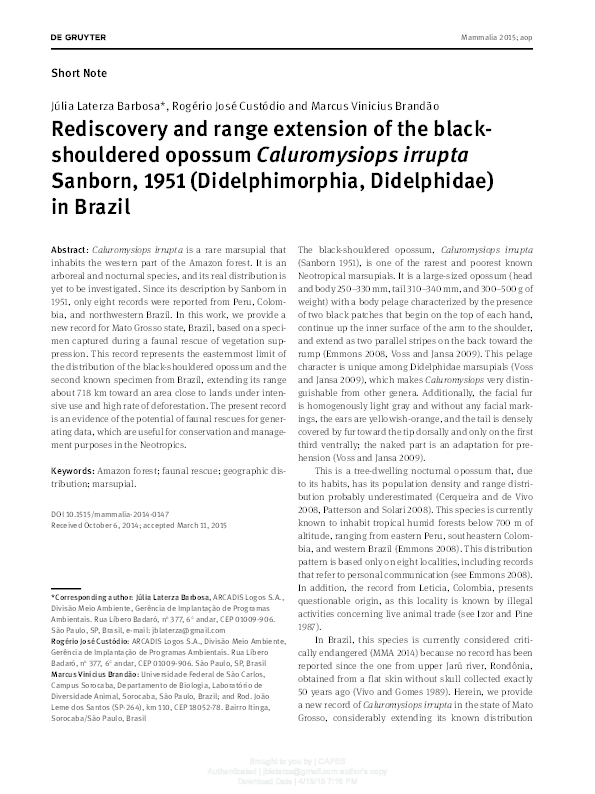 (PDF) Rediscovery and range extension of the black-shouldered opossum ...