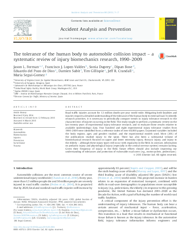 (PDF) The tolerance of the human body to automobile collision impact ...