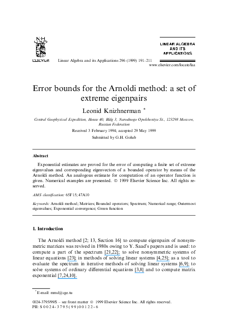 (PDF) Error bounds for the Arnoldi method: a set of extreme eigenpairs