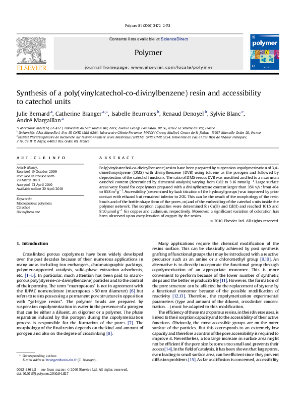 (PDF) Synthesis of a poly(vinylcatechol-co-divinylbenzene) resin and ...