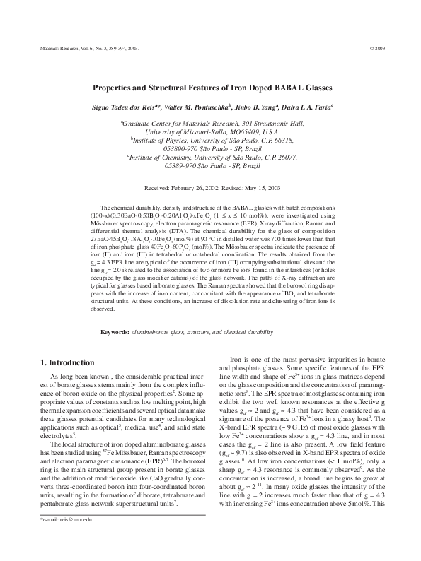 (PDF) Properties and structural features of iron doped BABAL glasses