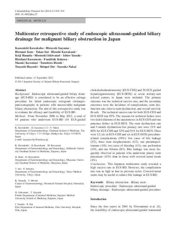 (PDF) Multicenter retrospective study of endoscopic ultrasound-guided biliary drainage for ...