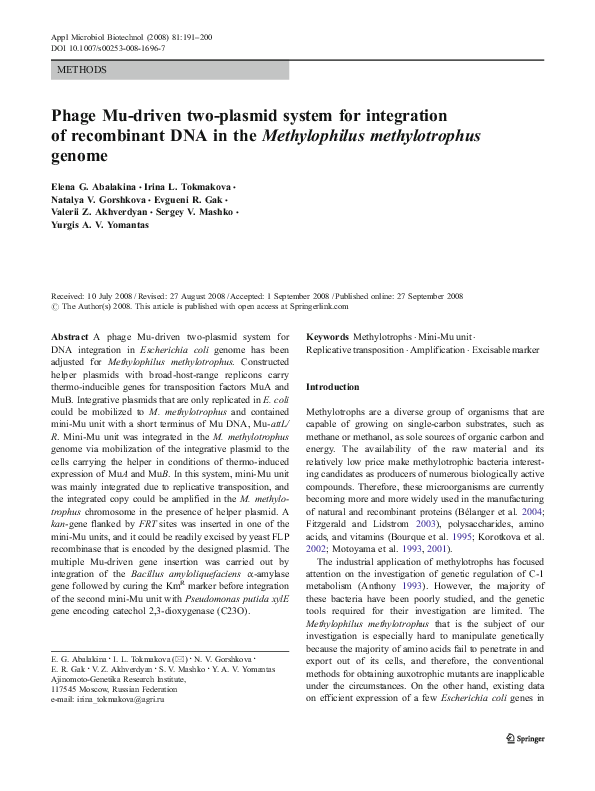 (PDF) Phage Mu-driven two-plasmid system for integration of recombinant ...