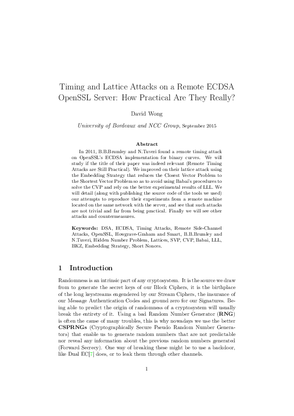 (PDF) Timing and Lattice Attacks on a Remote ECDSA OpenSSL Server: How ...