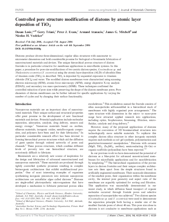 Pdf Controlled Pore Structure Modification Of Diatoms By Atomic Layer Deposition Of Tio2