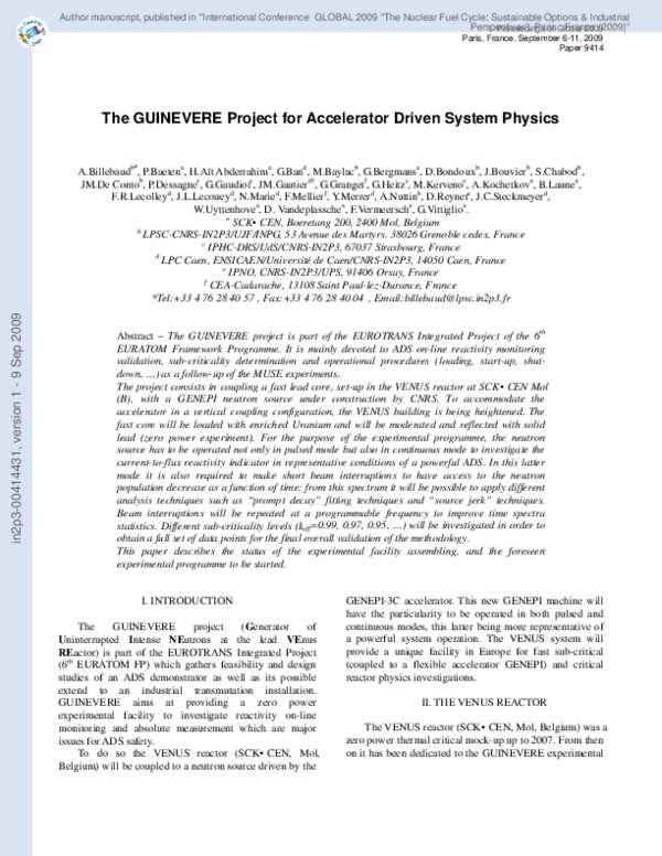 (PDF) The GUINEVERE project for accelerator driven system physics