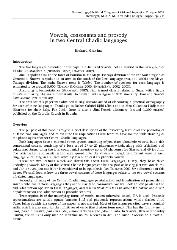(PDF) Vowels, Consonants and Prosody in Two Central Chadic Languages