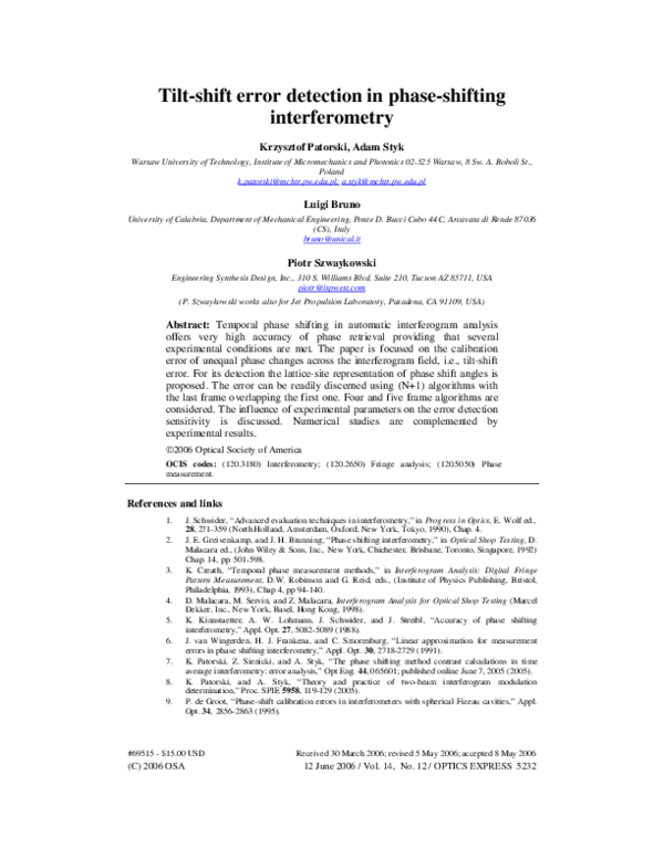 Pdf Tilt Shift Error Detection In Phase Shifting Interferometry