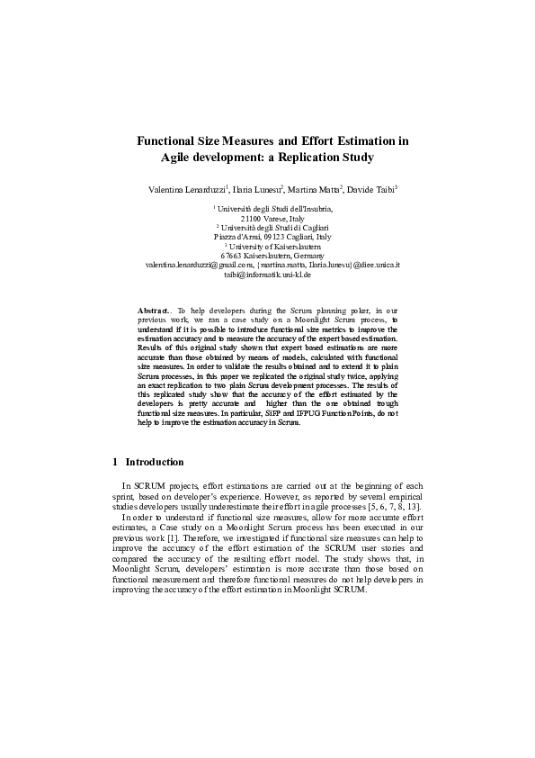 (PDF) Functional Size Measures and Effort Estimation in Agile Development: A Replicated Study