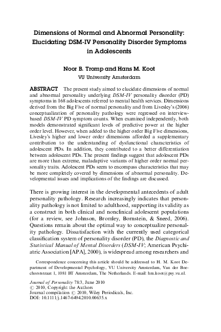 (PDF) Dimensions of Normal and Abnormal Personality: Elucidating DSM-IV ...