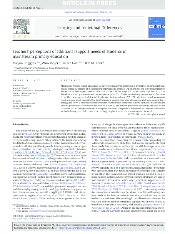 (PDF) Teachers' perceptions of additional support needs of students in ...