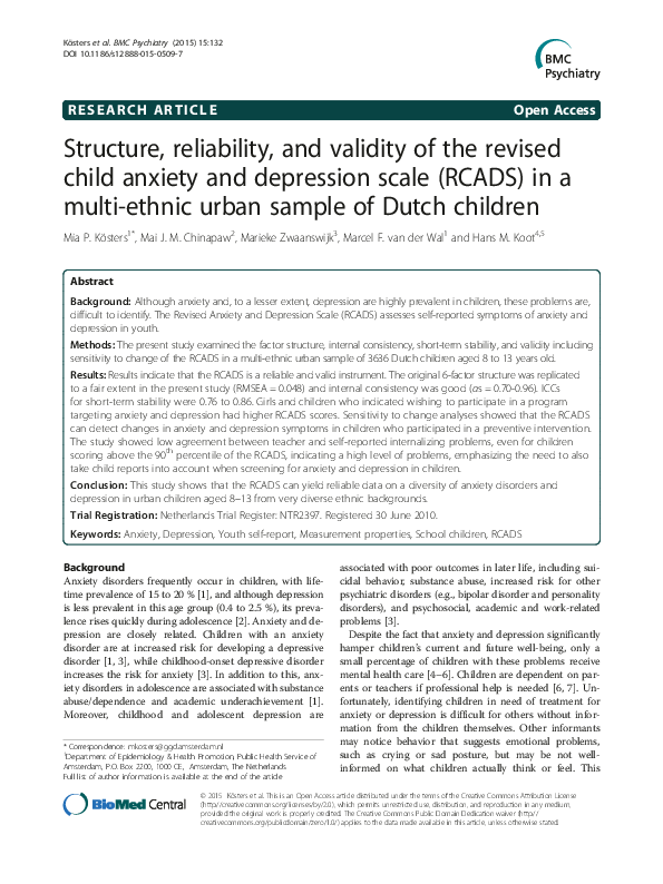 (PDF) Structure, reliability, and validity of the revised child anxiety and depression scale ...