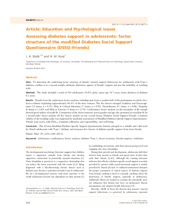 (PDF) Assessing diabetes support in adolescents: factor structure of ...