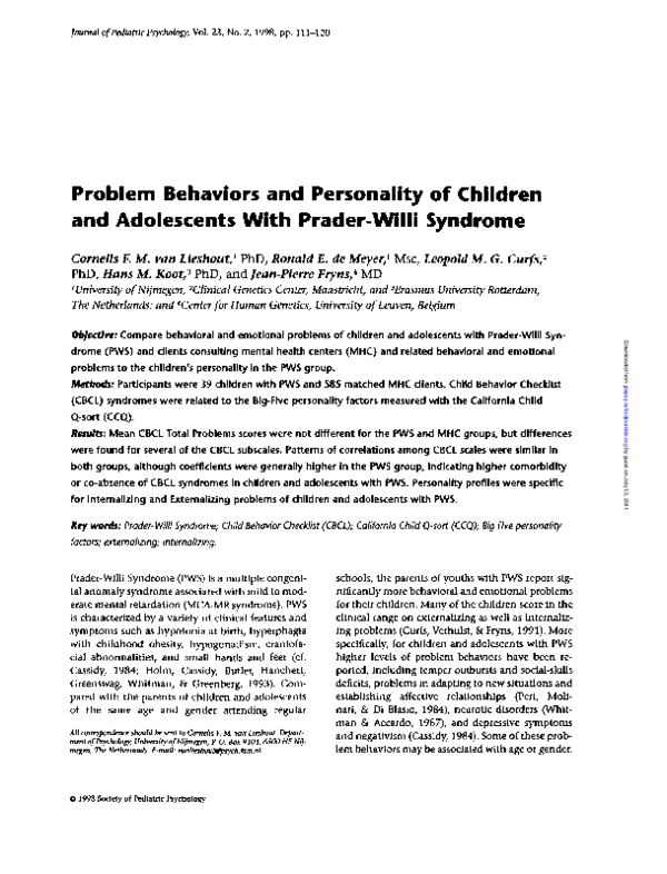 (PDF) Problem Behaviors and Personality of Children and Adolescents With Prader-Willi Syndrome