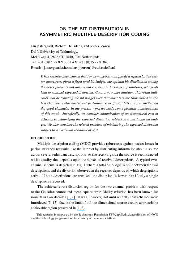 Pdf On The Bit Distribution In Asymmetric Multiple Description Coding